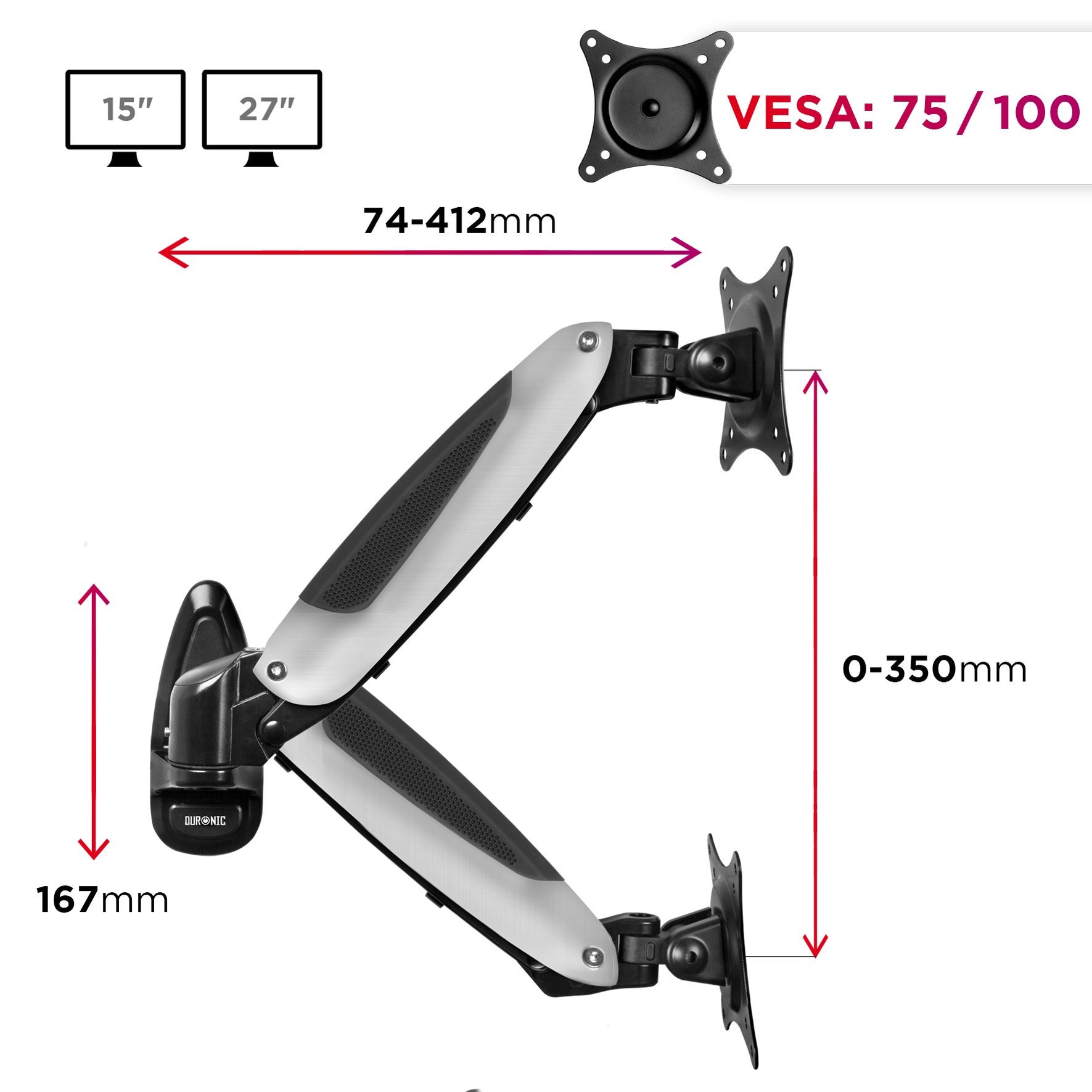 Duronic DM65W1X1 Gas Powered Single LCD LED Wall Mount Arm Monitor ...