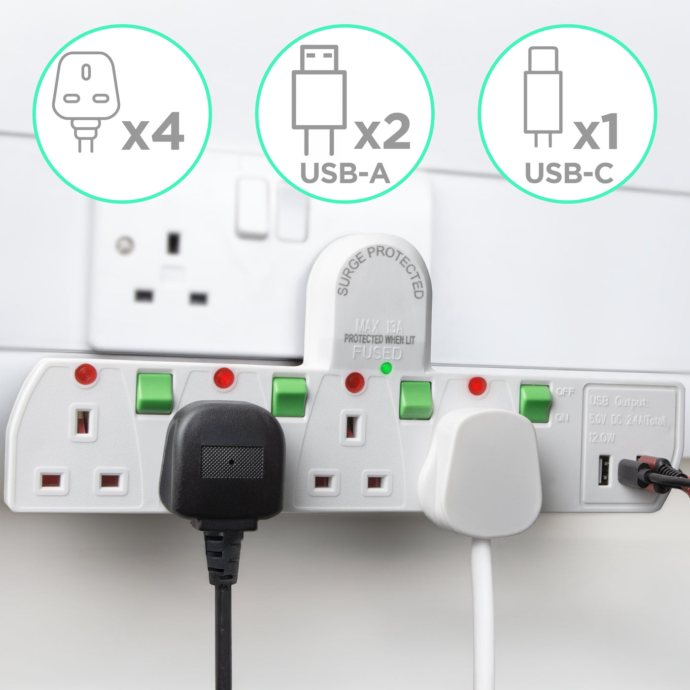 Duronic 5-Way UK Plug Adapter S125W | Switched Socket Extension | White ...