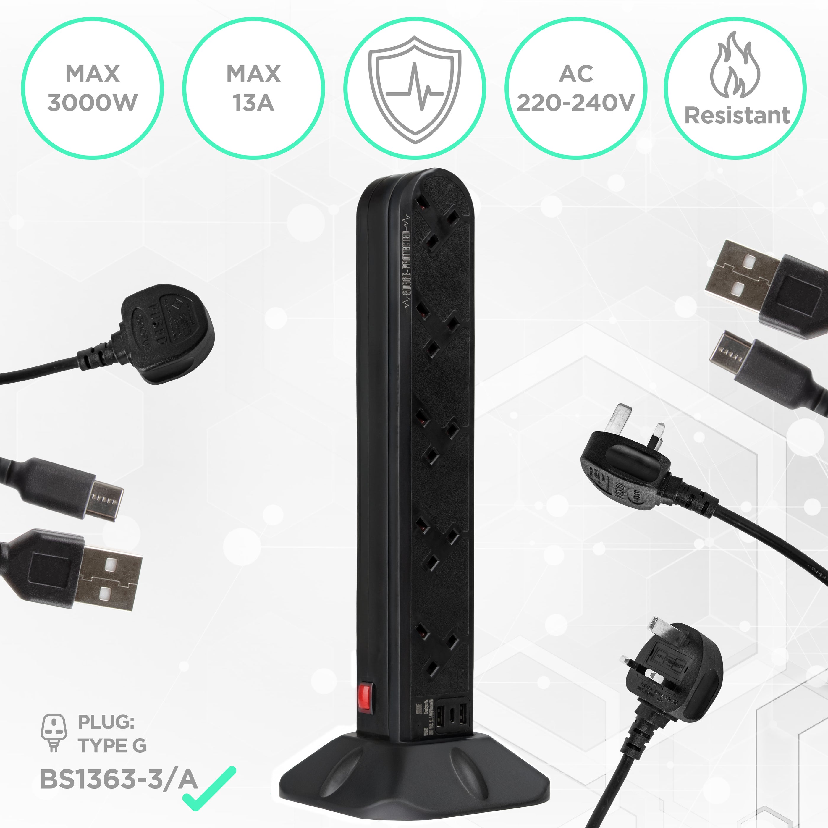Duronic 10 Way Extension Tower ST10B | 10-Gang Power Strip Lead | Surge ...