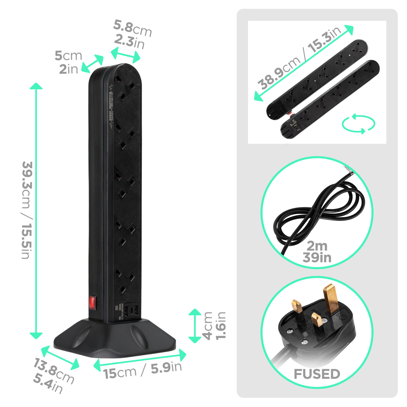 Duronic 10 Way Extension Tower ST10B | 10-Gang Power Strip Lead | Surge ...