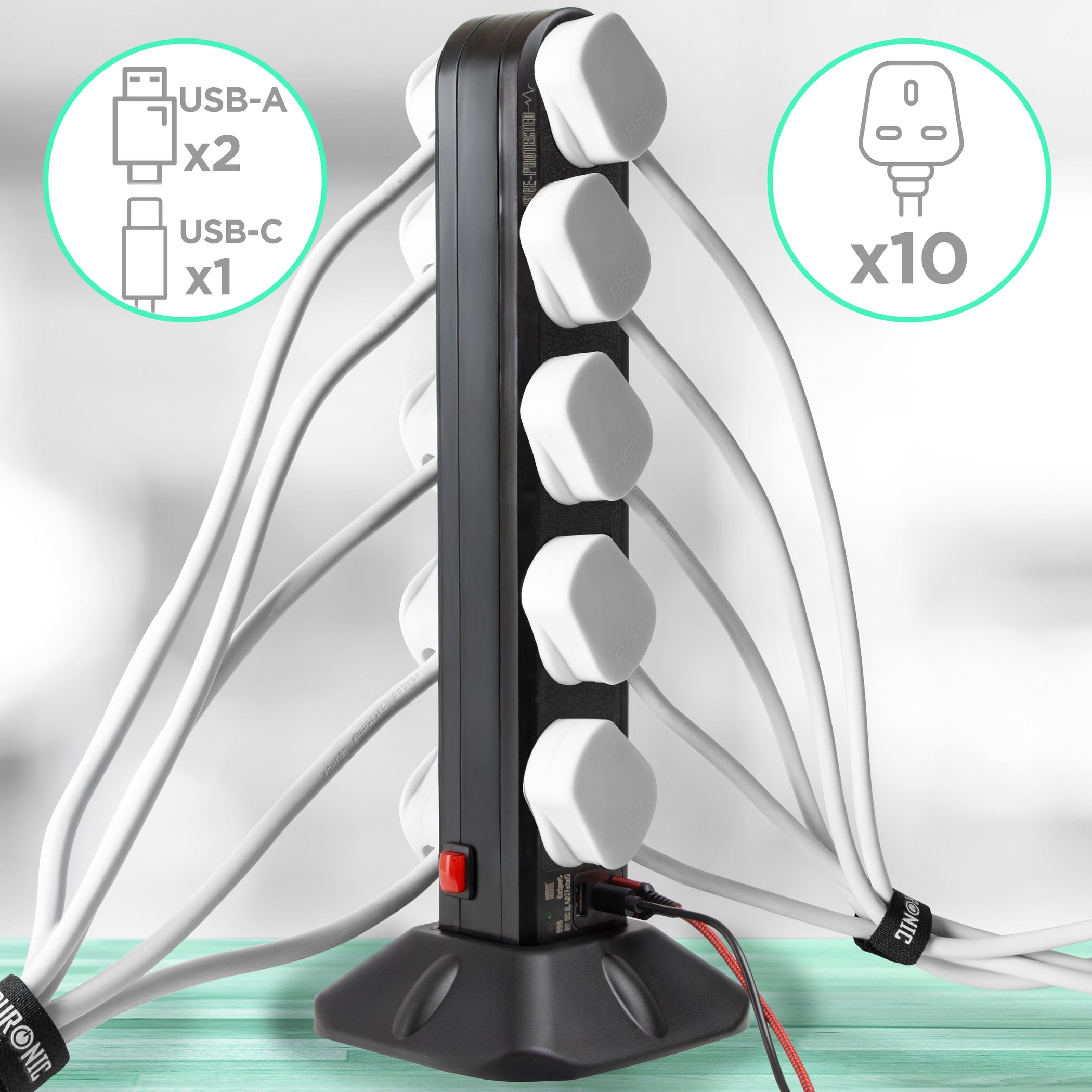 Duronic 10 Way Extension Tower ST10B | 10-Gang Power Strip Lead | Surge ...